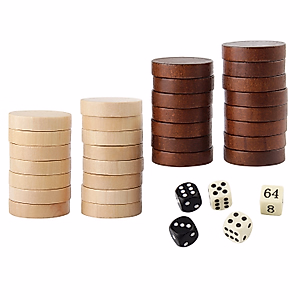 Amerous Wooden Checkers Pieces Nature Wood Backgammon Pieces with Drawstring Bag, 5 Dices Included