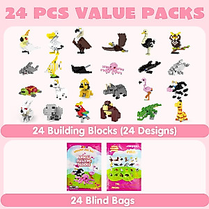 JOYIN 24 Pcs Valentine Animal Building Blocks in Blind Bags, Including Safari Animals, Sea Animals, Flying Birds Design, STEM Building Toys for Kids Valentine's Day Party Favors, Gift Exchange