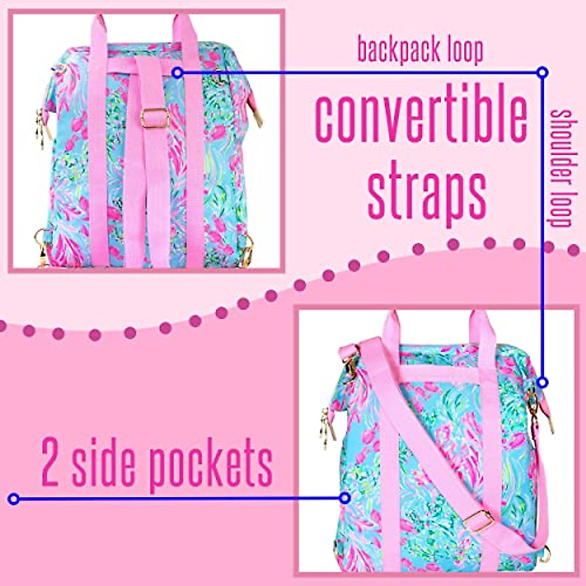 Lilly Pulitzer Insulted Backpack Cooler Large Capacity, Pink/Blue Portable Soft Cooler Bag for Picnics, Beach, Pool, Hiking, Best Fishes
