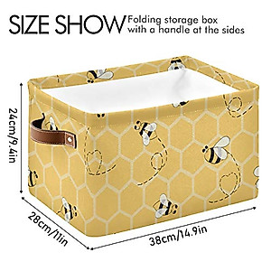 AUUXVA Collapsible Storage Bin Cube Yellow Honey Bees Pattern Laundry Basket Hamper Toy Cloth Organization Bag with Handle for Pantry Nursery Home Office Shelve,1 PC
