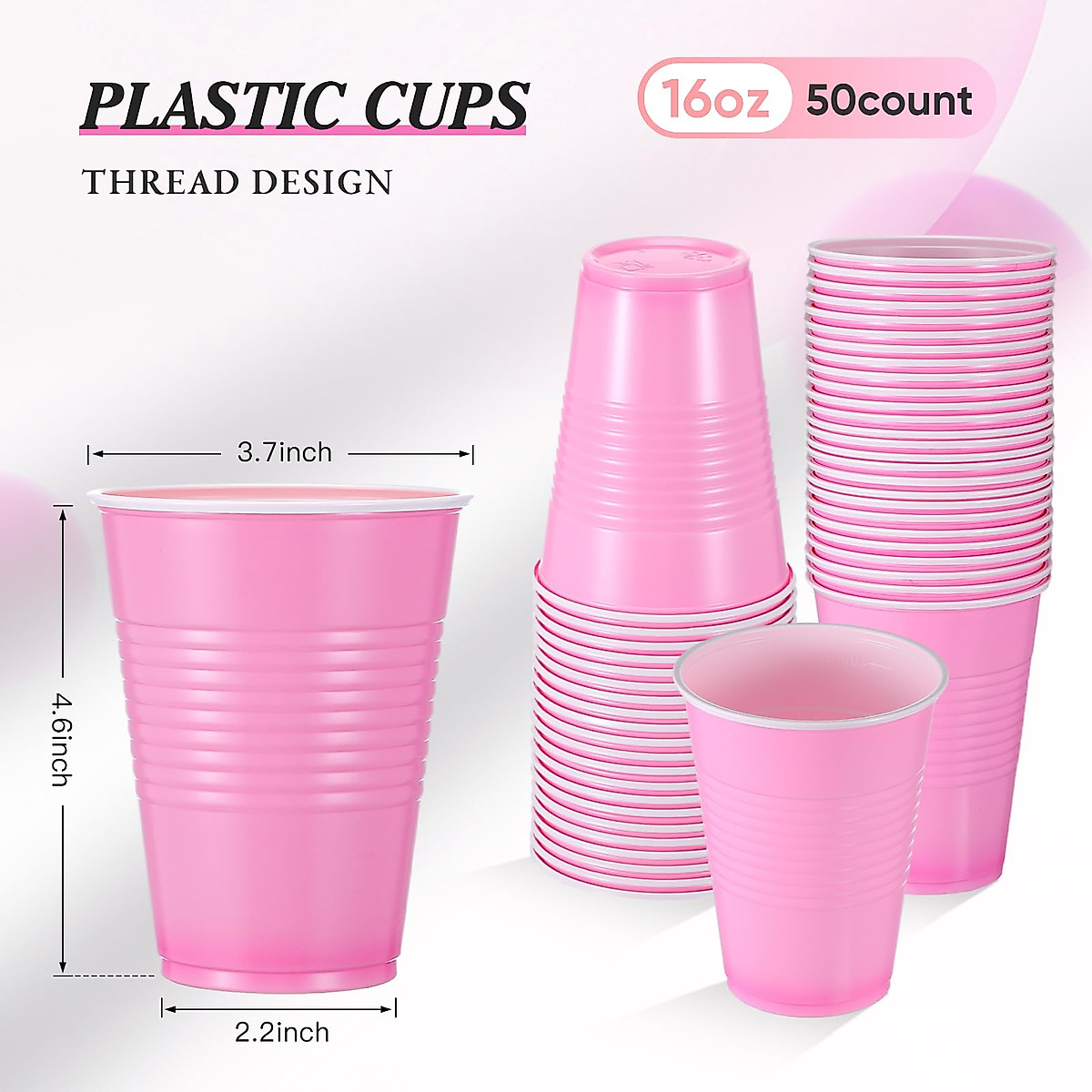 Mifoci 50 Pcs 16 oz Plastic Drinking Cups Plastic Disposable Cups for Wedding graduation Birthday Party Valentine Christmas Picnics Barbecues Supplies(Pink)