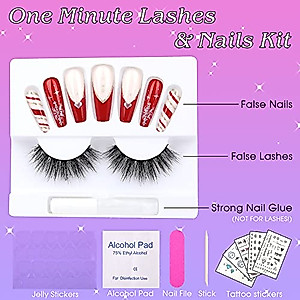 Press on Nails and Lashes Kit, ALPHONSE 24Pcs Long Coffin Fake Nails with Tattoo, Fluffy Wispy Lashes Natural Look False Eyelashes Pack