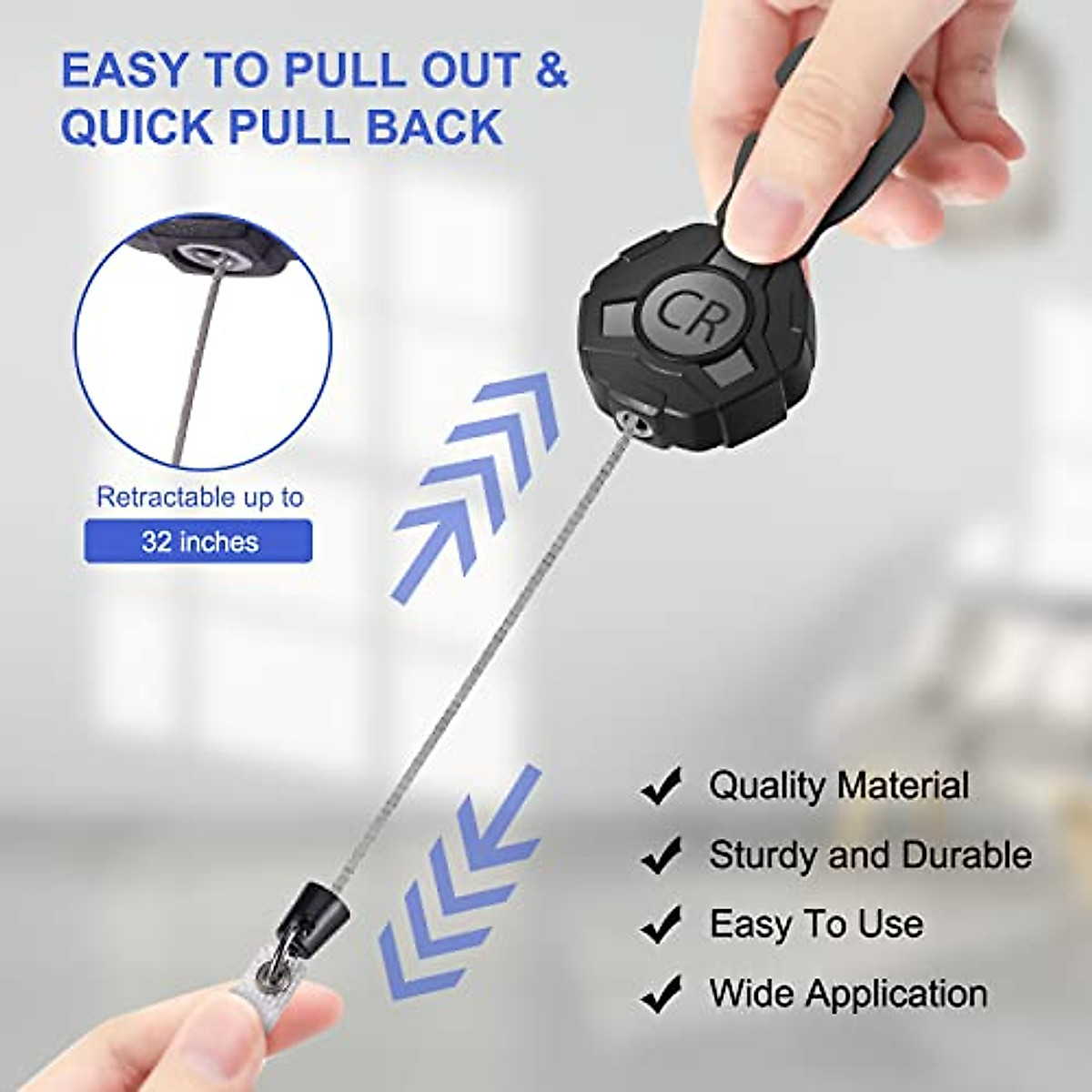 3-Pack Heavy Duty Retractable Keychain with 32” Steel Extender Cord - ID Badge Holder Reels, Badges Holders , Carabiner Keychains, Tactical Key Rings, Reel Clip for Card, 8.6Oz (Black)