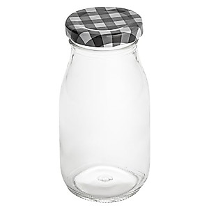 French Countryside 6 Ounce Glass Bottles, 10 Durable Juice Bottles - With Black Plaid Lid, Dishwashable, Clear Glass Countryside Bottles, For Hot And Cold Beverages - Restaurantware