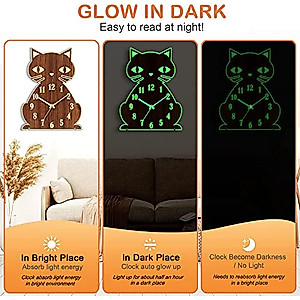 Night Light Wall Clock - Cat Wall Clocks Glow in Dark, Silent Non-Ticking Wood Clocks Battery Operated, Rustic Farmhouse Modern Clock Decorative for Kitchen Living Room Bedroom (12 Inch)