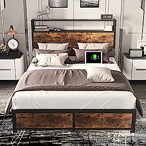 Catrimown Full Size Bed Frame with Storage Headboard Full Platform Bed Frame with 2 Tier Headboard Industrial Wood Queen Bed Frames No Box Spring Needed Noise Free, Rustic Brown