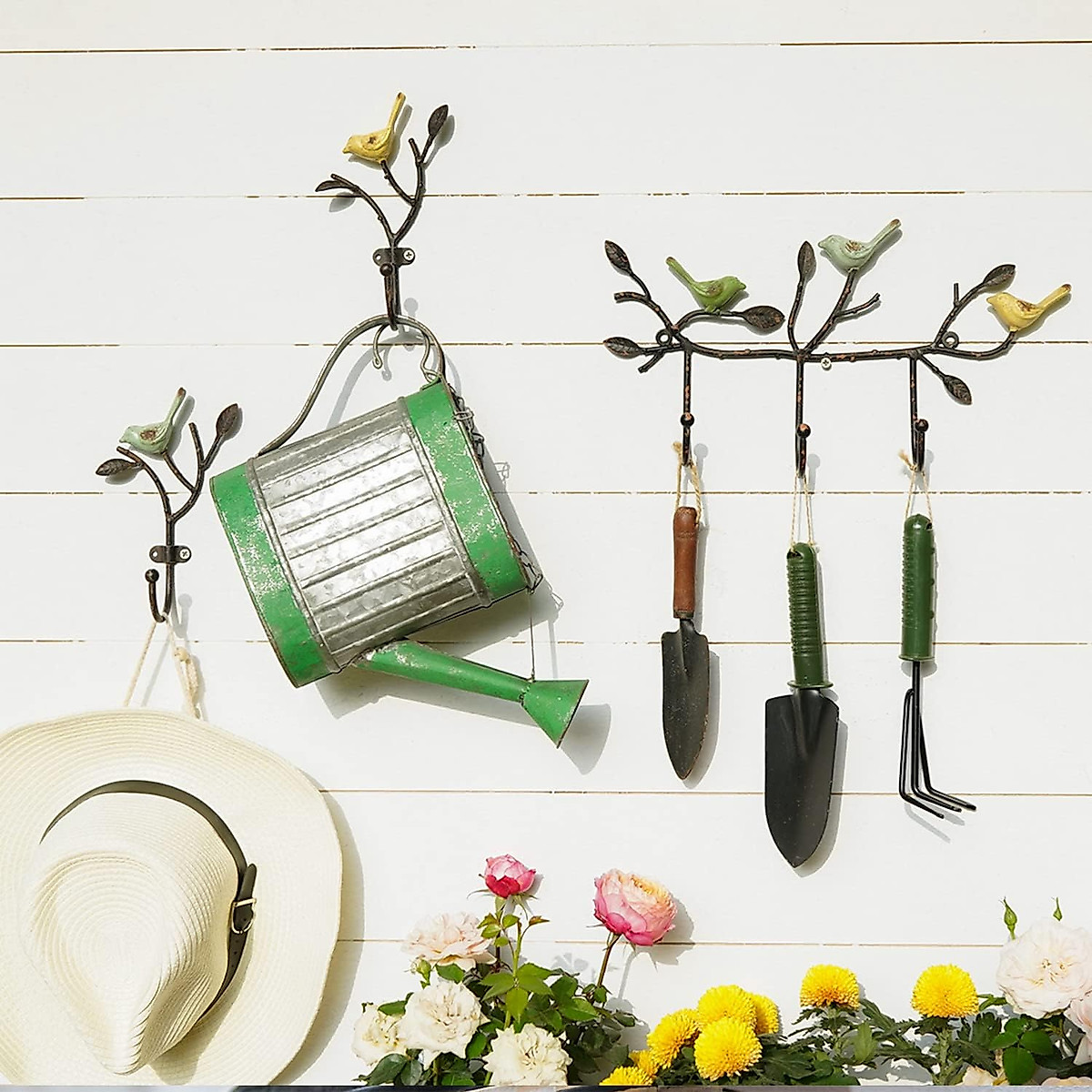 SOFFEE DESIGN 2pcs Vintage Coat Hooks Wall-Mounted Hanging Metal Rack, Heavy Duty Tree Branch with Birds Key Holder, Farmhouse Garden Style Hooks for Towels, Hats, Scarves Yellow