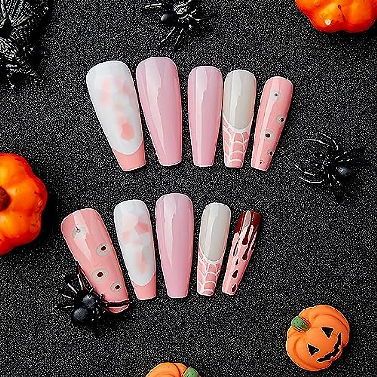 Halloween Fake Nails Long Coffin Press on Nails with Pink White Spooky Ghost Spider Web Eyeballs Blood Drops Glue on Nail Designs Artificial French Tips Full Cover on Nails for Women and Girls 24 Pcs