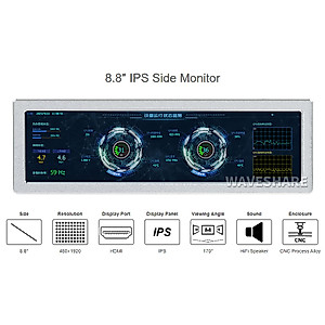 waveshare 8.8inch 480x1920 IPS Side Monitor No Touch for Raspberry Pi/Jetson Nano/PC Windows 11/10 / 8.1/8 / 7, Built-in HiFi Speaker, with CNC Process Alloy Enclosure