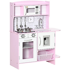 Qaba Pretend Play Kitchen Toy Set for Kids with Realistic Design, Stove Lights, Storage, Water Dispenser, for 3-6 Years Old, Pink