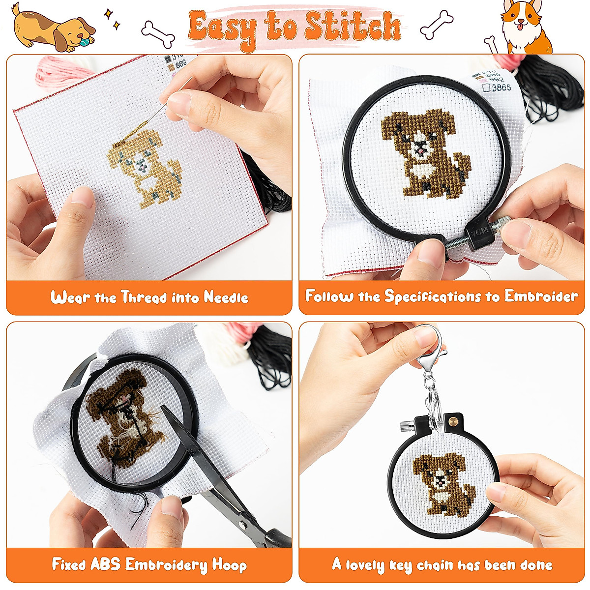 WATINC Embroidery Stitch Kit Cross Stitch Beginner Kit for Kids Stamped Cross Stitch Sewing Kit with Puppies Pattern Needle Point Starter Kit Sewing Set with Instructions 18PCS