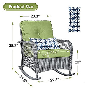 VONZOY Outdoor Rocking Chairs, Wicker Patio Furniture with Green Thickened Cushion for Porch Balcony Deck