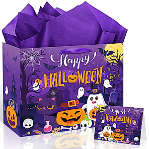 Large Halloween Party Gift Bag, Purple Halloween Paper Bags with Handle Halloween Tissue Paper Cute Pumpkin Skeleton Ghost Halloween Birthday Party Favors Decor for Trick or Treat Party Supplies