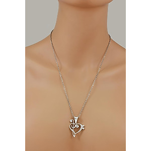 925 Sterling Silver Treble and Bass Clef Heart Pendant With 22" Hypoallergenic Cable Chain Necklace