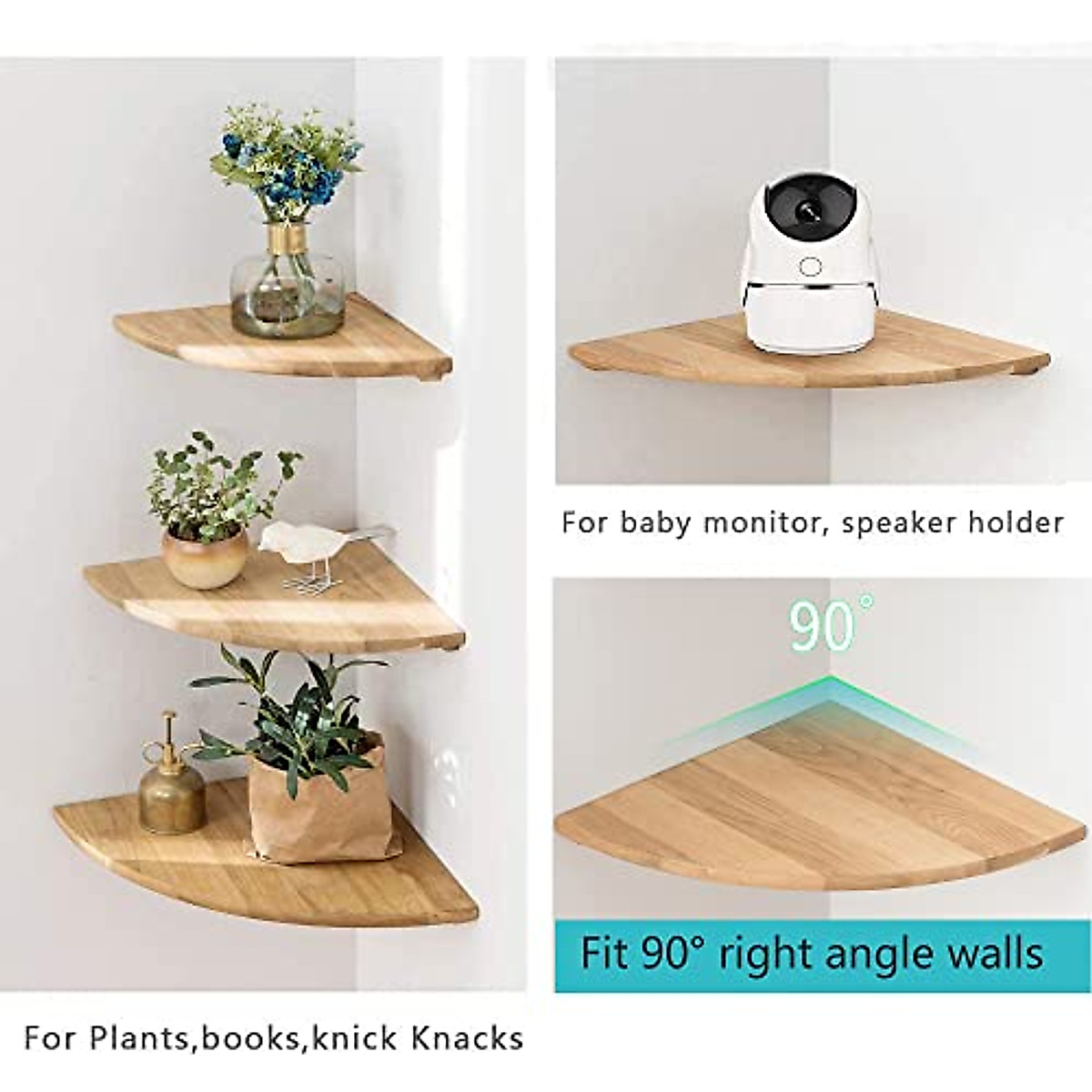 Corner Shelf, 9inch Solid Oak Wood Floating Corner Shelf Wall Mount Round End Floating Speaker Shelf with Wire Hole Display Shelf for Small Plant Photo Frame for Bedroom Kitchen, Living Room