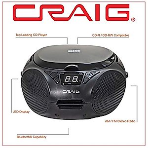 Craig CD6925BT-BK Portable Top-Loading Stereo CD Boombox with AM/FM Stereo Radio and Bluetooth Wireless Technology in Black | LED Display | Programmable CD Player | CD-R/CD-W Compatible | AUX Port |
