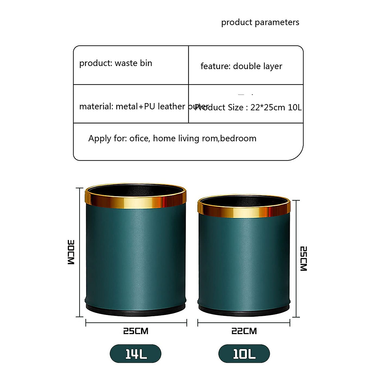 Luxury Metal Waste Bin 10L, Double Layer Trash Can PU Leather Covered Round Wastebasket Dust Bins for Kitchen Bathroom Hotel Office (MOLADI Green)