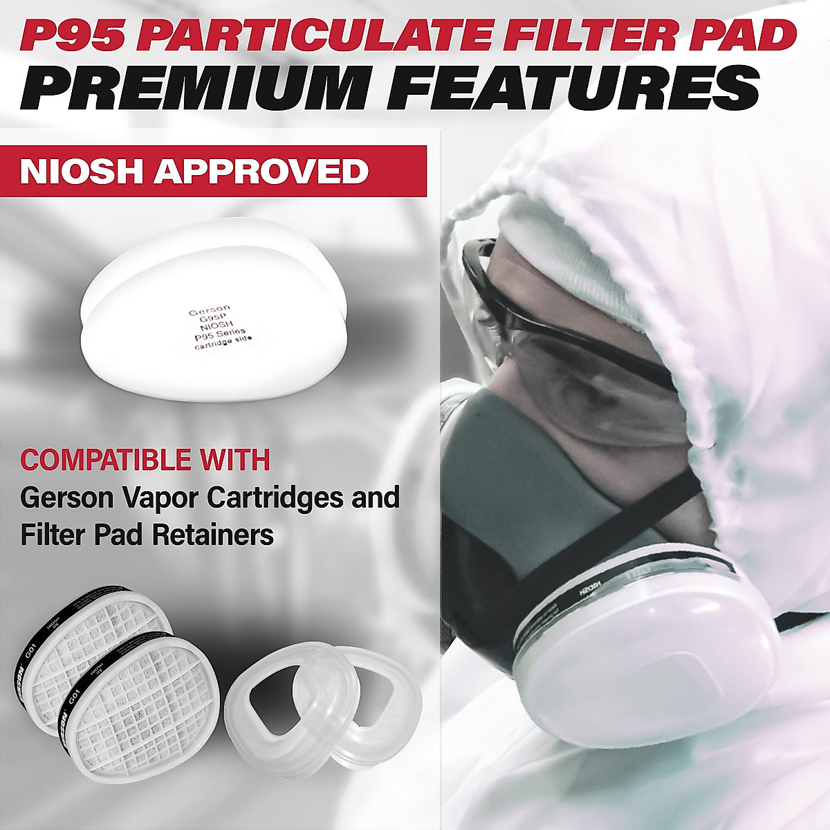 Gerson N95 Mask Replacement Filter - G95P P95 Particulate Filter Pad, 95% Filtration, for Adults, Use with Gerson Half-Mask and Full Face Respirators (10ea/Box)