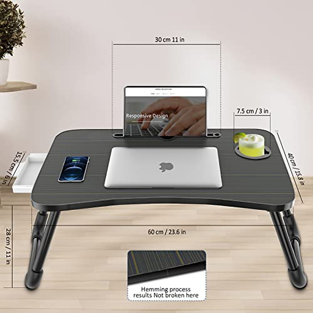Zapuno Foldable Laptop Bed Table Multi-Function Lap Bed Tray Table with Storage Drawer and Water Bottle Holder, Serving Tray Dining Table with Slot for Eating, Working on Bed/Couch/Sofa (Arc Shape)