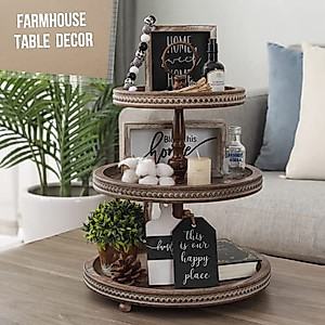 FESTWIND 3 Tiered Tray, Wood Tiered Tray for Kitchen Dinning Table Entryway Coffee Table, Small Beaded Tiered Tray Stand for Holidays, Three Tiered Tray Distressed Brown