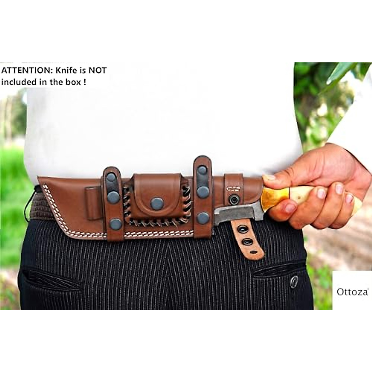 Ottoza Handmade Leather Knife Sheath Right Hand Tracker Knife Sheath - Bushcraft Knife Sheath - Hunting Knife Sheath - Survival Knife Sheath Horizontal Carry Dark Brown TOP Grain Leather No:103