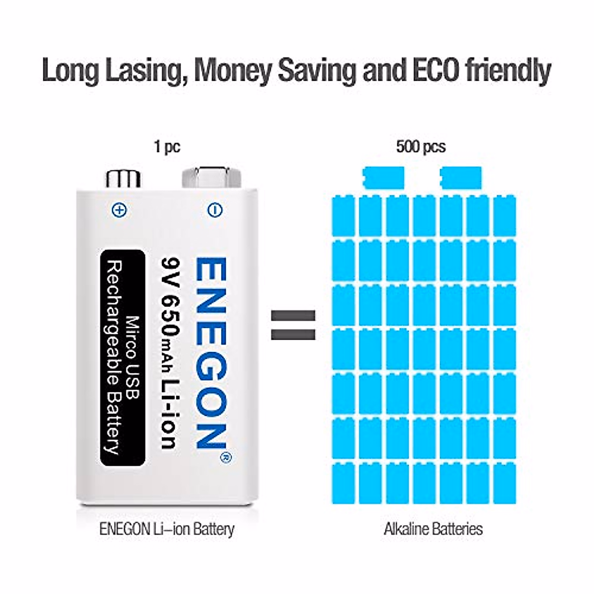 ENEGON 9V Direct USB Rechargeable Lithium-ion 650mAh Batteries with 2 in 1 Micro USB Cable for Wireless Microphone, Smoke Alarms, Electronic Toys, Walkie-Talkie and More Devices (4 Pack)