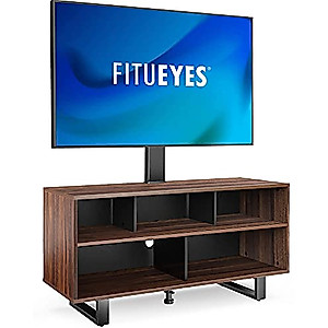FITUEYES TV Stand with Mount for 32-70 inch TVs, Swivel Floor Entertainment Center with Wood Console Holds Up to 110 Pounds For Living Room, Bedroom (Walnut Television Stands)