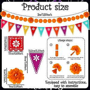 Preboun 5 Pcs Day of the Dead Party Decorations Marigold Flowers Garland Papel Picado Banner Fiesta Cinco De Mayo Banner Pom Pom Wool Felt Ball Garland for Mexican Party Dia De Los Muertos Decorations