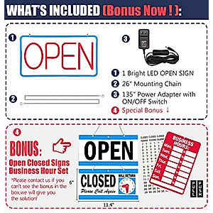 Open Signs for Business,Neon Open Sign Led,16.5"x 9",with Open/Closed Bussiness Hour Sign Set,Light for Bar Coffee Salon Store Window,12V/2A Adapter with ON/OFF Switch (Blue/Red Horizontal)