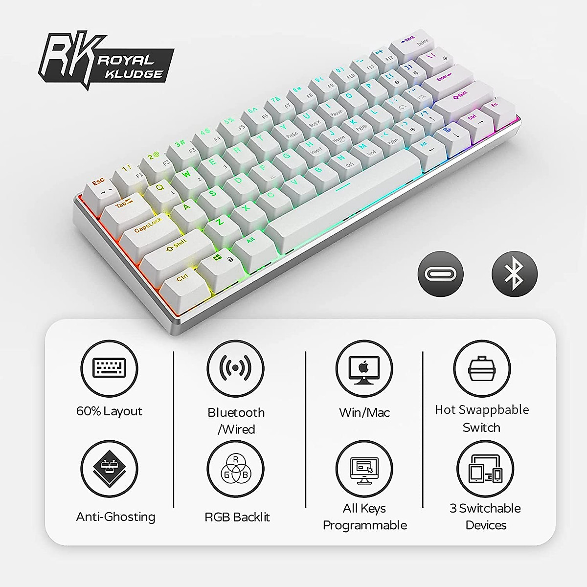 RK ROYAL KLUDGE 60% Mechanical Keyboard RK61 Pro, Wireless Gaming Keyboard Aluminum Frame, BT/Wired RGB Keyboard Bluetooth, PBT 61 Keys Mechanical Keyboard Hot Swappable, Brown Switch, White