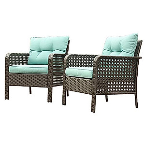 U-Eway Outdoor Rattan Single Chair 2pcs,Patio PE Wicker Furniture Cushion Seat,2Pcs Armchairs PE Rattan Sofa Backyard Yard,Premium Spun Ploy Fabric,Removable Cushion Cover Zipper, Washable (Green)