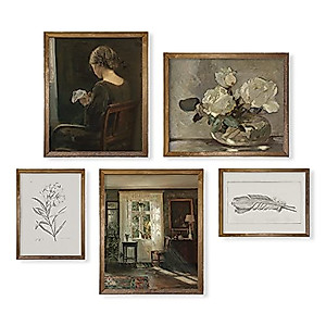 Vintage Farmhouse Wall Decor - Flower Portrait Neutral Wall Art for Boho French Country Kitchen, Bathroom, Bedroom Picture Poster Print, Beige Room Decor Aesthetic Botanical Cottagecore 5 Set Unframed