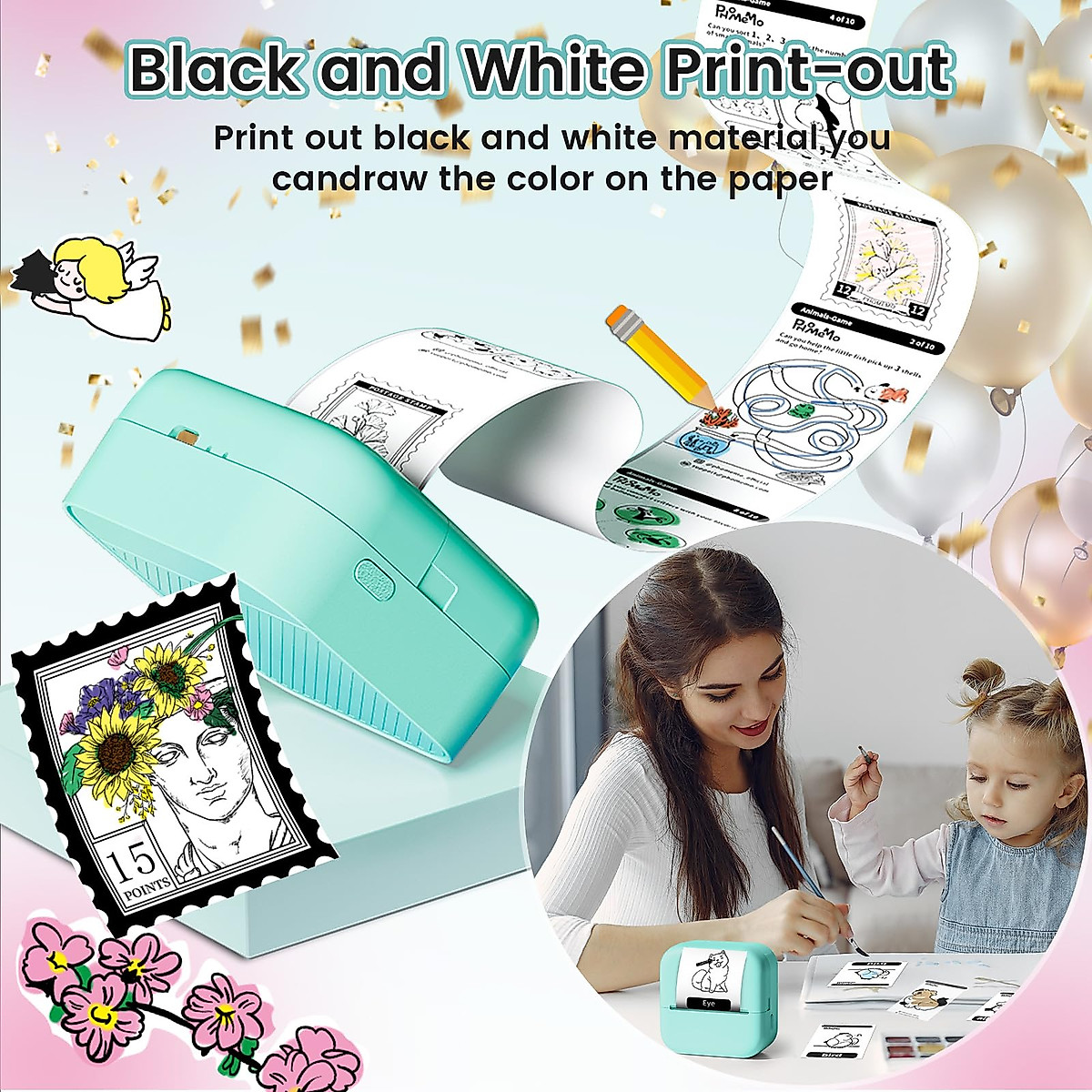 Mandizza Sticker Printer- M02L Pocket Printer with 6 Rolls Paper Thermal Mini Printer Portable Printer for Printing Photos, Study Notes, Scrapbook, Journal, Birthday, Green