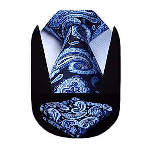 HISDERN Ties for Men Blue Paisley Ties for Men and Pocket Square Set Formal Navy Blue Mens Ties Handkerchiefs Satin Neckties for Wedding Party