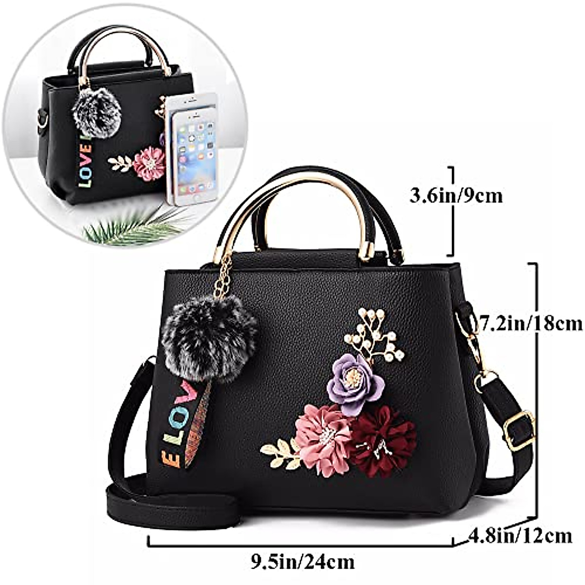 Dayfine Women Purse Top Handle Handbags PU Leather 3D Floral Inlay Satchel Bag Shoulder Crossbody Bags Ladise Medium Tote Bag with Hair Ball Pendant -Blue