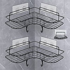 ADORAMOUR Corner Shower Caddy Set -2 Pack Bathroom Organizer with Soap Dish, Adhesive Storage Rack for Toiletries, Shower Shelf Drill-Free or Drilling Install Options Shampoo Holder, Black