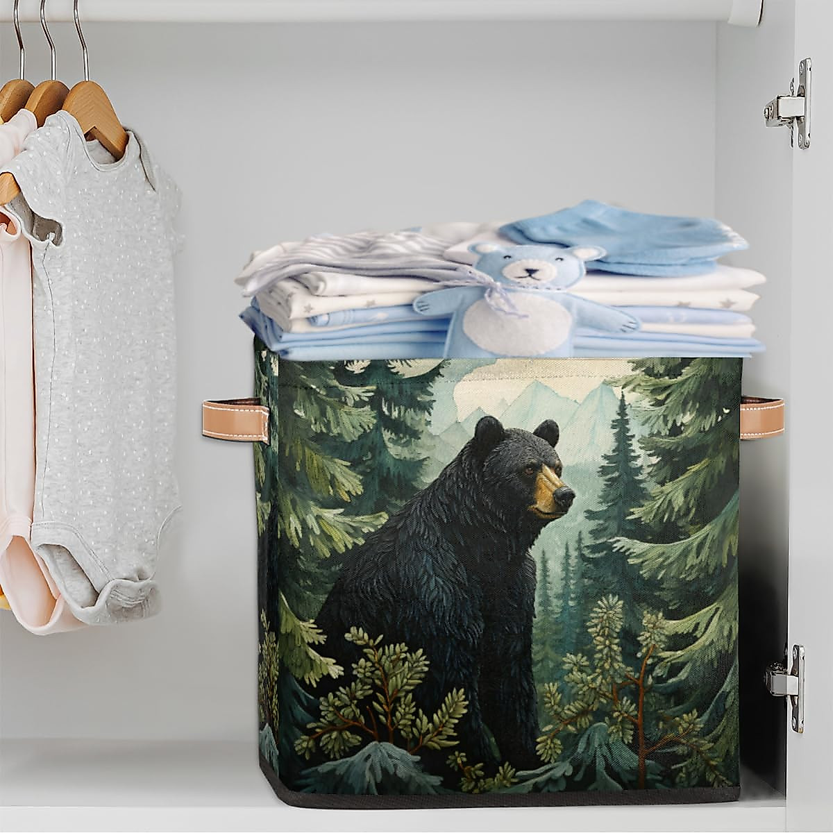 Tablerazzi Black Bear Forest Wild Animals Cube Storage Bin, 13 Inch Collapsible Fabric Storage Cube Bin, Foldable Cube Baskets for Shelf, Closet, Organizer