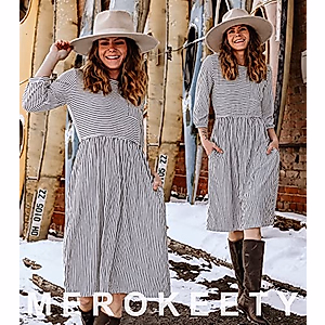 MEROKEETY Women's 3/4 Balloon Sleeve Striped High Waist T Shirt Midi Dress