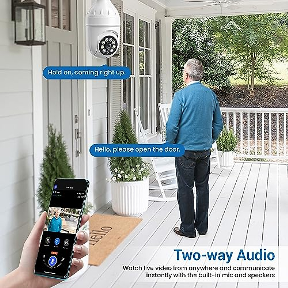 BITEPASS 1080p Light Bulb Wireless Security Camera, 355° Panoramic Dome Cam, Live View, AI Human Detection, 2-Way Audio, Color Night Vision, Cloud Storage, Spotlights, Indoor Outdoor Surveillance