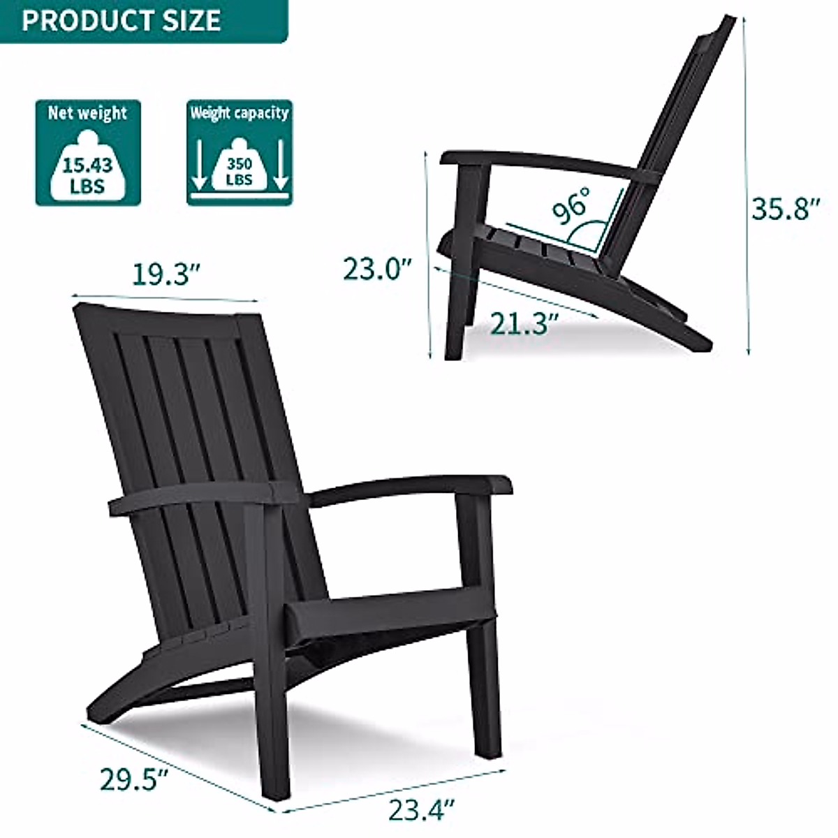 YITAHOME Adirondack Chair for Outdoor Patio, Weatherproof Maintenance-Free Patio Chair, Easy Assembly, Screw Hidden Outdoor Chairs for Patio, Fire Pit, Deck, Yard, Pool, Campfire - 1 Pack, Black