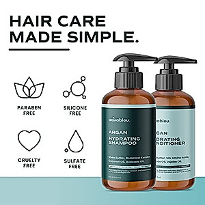 Aquableu Argan Shampoo and Conditioner Set – Ultra Moisturizing, Restorative and Strengthening – Great for Dry, Damaged & Curly Hair - Natural Argan & Jojoba Oil - Sulfate & Paraben Free – 16oz