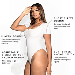 FeelinGirl Women's Body Thong Tummy Control Shapewear Short Sleeve Top Scoop / V Neck Leotards Suit, B-white-notch Neck, Medium
