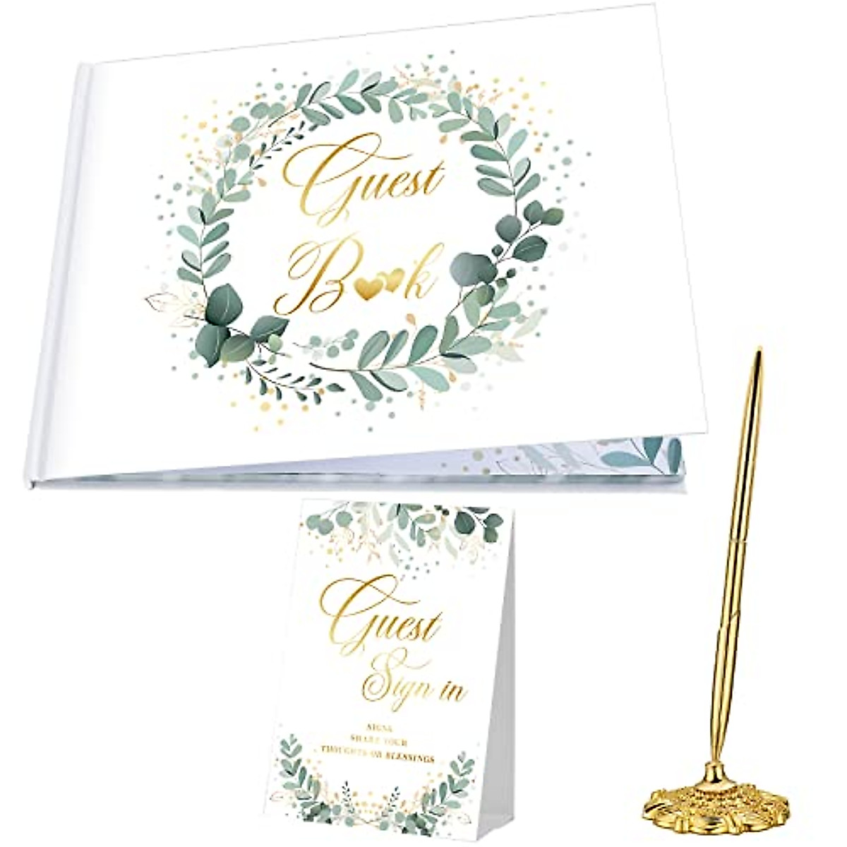Wedding Guest Book Set Wedding Memory Book Lined Wedding Registry Guestbook with Gold Pen and Holder, Guest Sign in Table Card, Hard Cover with Gold Foil, for Baby Bridal Shower,7x9inch (Eucalyptus)
