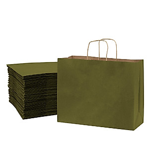 Green Gift Bags – 16x6x12 Inch 50 Pack Large Olive Green Kraft Shopping Bags with Handles, Euro Tote Retail Bags for Small Business & Boutique, Holiday Gifts, Wedding Guests, Birthday Parties, Bulk