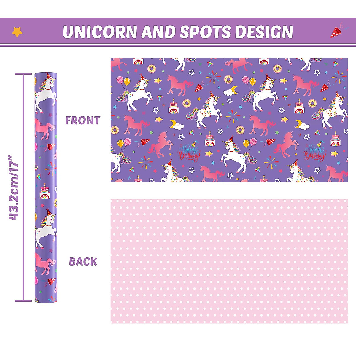 WERNNSAI Unicorn Reversible Wrapping Paper Roll - 1 Roll 17” x 33 ft Happy Birthday Wrapping Paper Roll Kids Unicorn Birthday Gift Wrap Roll Girls Wrapping Paper Polka Dot Design Unicorn Party Favor