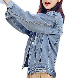 Saukiee Oversized Denim Jacket Distressed Boyfriend Jean Coat Jeans Trucker Jacket for Women Girls Lightblue M