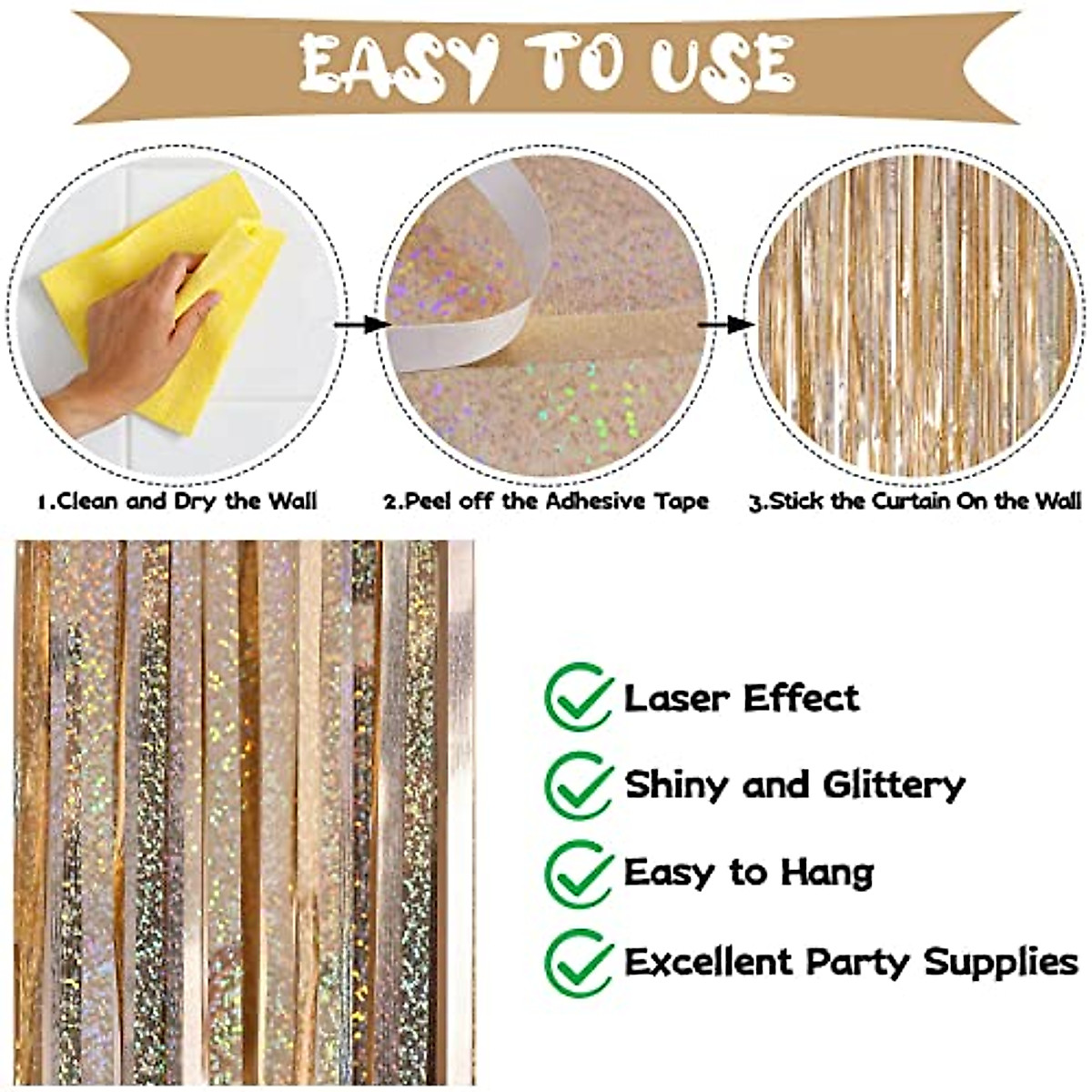 Champagne Tinsel Foil Fringe Curtain Backdrop, 2 Pack Metallic Glitter Curtains Party Decorations Streamers, Xmas Champagne Backdrop for Birthday Wedding Bridal Shower Homecoming New Year