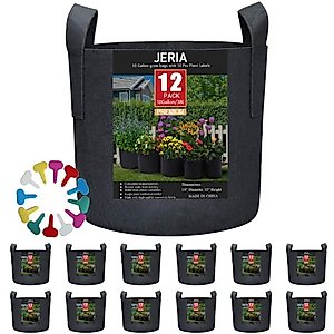 JERIA 12-Pack 10 Gallon, Vegetable/Flower/Plant Grow Bags, Aeration Fabric Pots with Handles (Black), Come with 12 Pcs Plant Labels