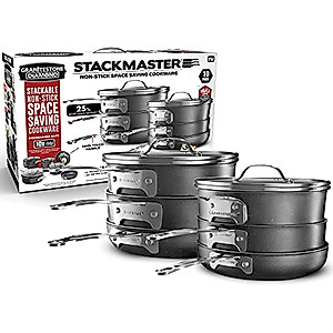 Granitestone Original Stack Master 10 Piece Cookware Set, Triple Layer Nonstick Granite Stone with Diamond infused Coating, Dishwasher Oven Safe, Non-Toxic Pots and Pans, Large, Black