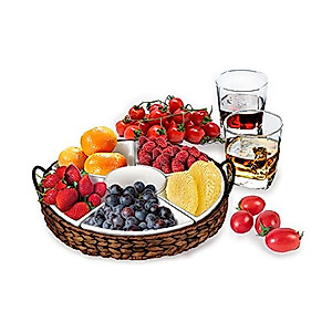 Serving Tray and Serving Dishes, RANDEFURN 7-Set Gold Platters for Parties,15.5 x 15.5 inches, Divided Serving Trays & Platters, Portable Handle,Gold